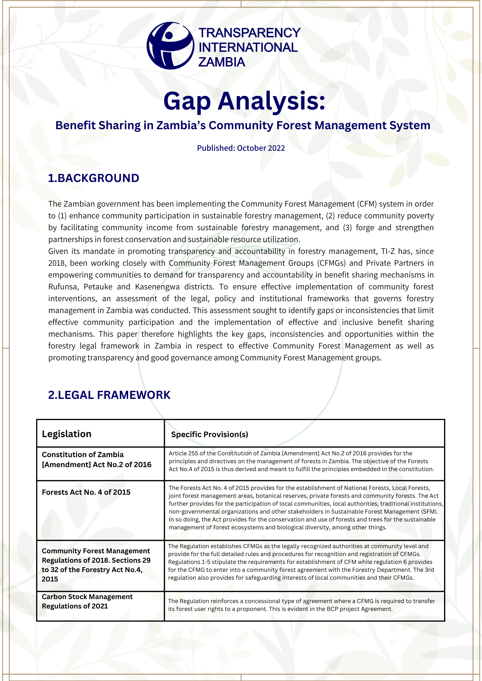 Gap Analysis: Benefit Sharing in Zambia’s Community Forest Management System - Transparency ...